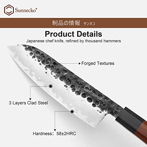 Sunnecko Japanese Santoku Chef Knife - 7 Inch Kitchen Cooking Knife,Hand Forged Professional Chefs Knife,3 Layers 9CR18MOV High Carbon Clad Steel,Ergonomic Rosewood Octagonal Handle