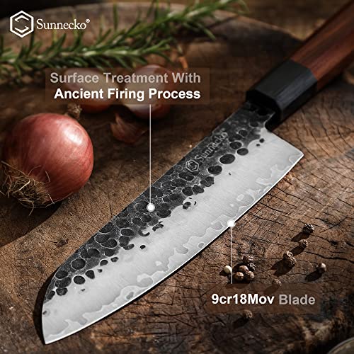 Sunnecko Japanese Santoku Chef Knife - 7 Inch Kitchen Cooking Knife,Hand Forged Professional Chefs Knife,3 Layers 9CR18MOV High Carbon Clad Steel,Ergonomic Rosewood Octagonal Handle