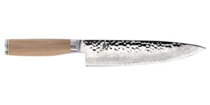 shun premier blonde chef knife, 8 inch vg-max stainless steel blade with tsuchime finish and pakkawood handle, cutlery handcrafted in japan, silver