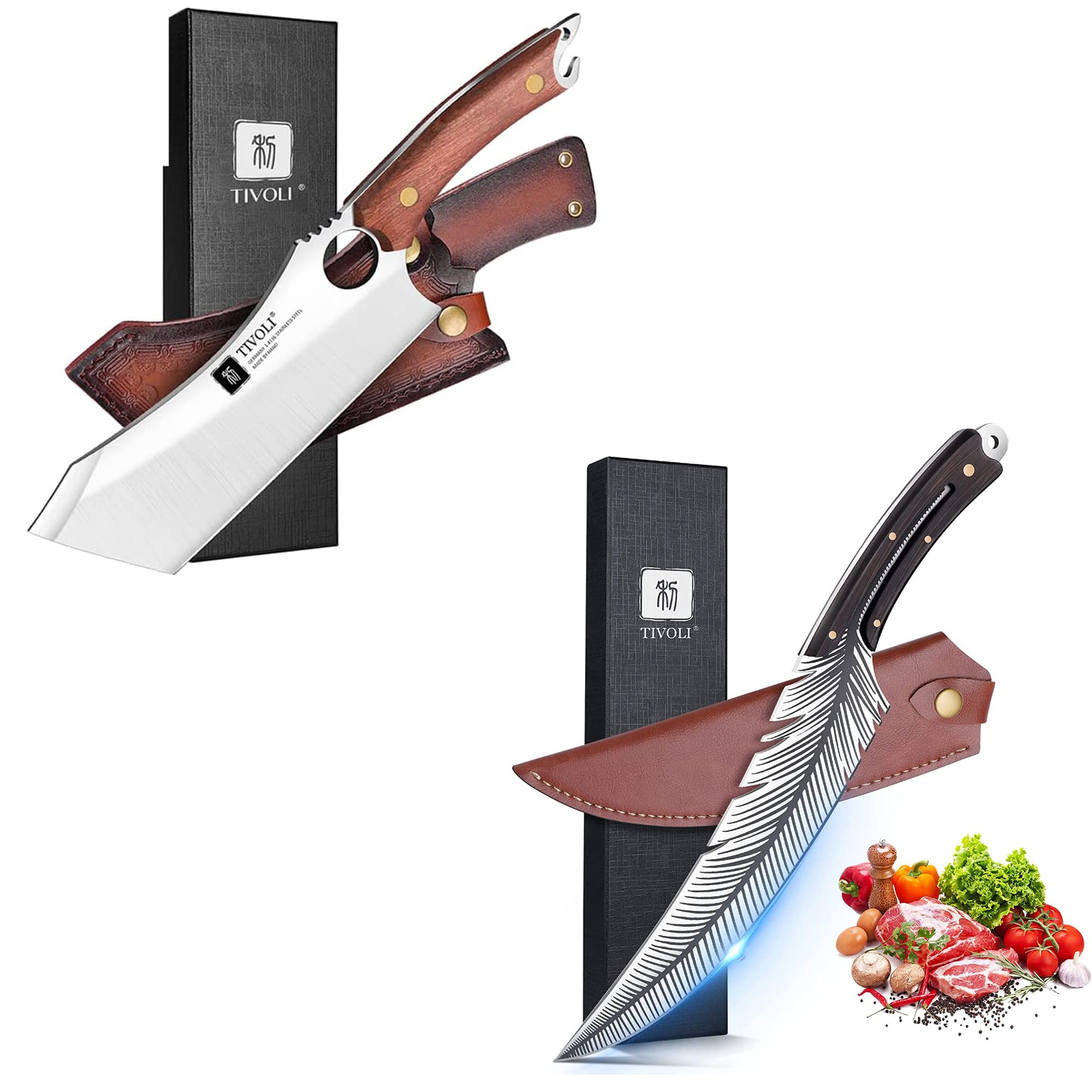 TIVOLI Meat Cleaver with Feather Knife set, Forged Full Tang Knife with Sheath Kitchen Cooking Knife Meat Cleaver Viking Brisket Knife