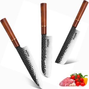 huusk japan chef knife set, 8 inch gyuto knife professional chef knife, santoku japanese kitchen knife 7 inch and nakiri knife vegetable & fruit knife 7inch, hand forged cooking knives