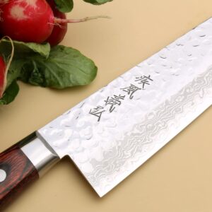 Yoshihiro VG-10 16 Layer Hammered Damascus Stainless Steel Santoku Chefs Knife (7'' (180mm))