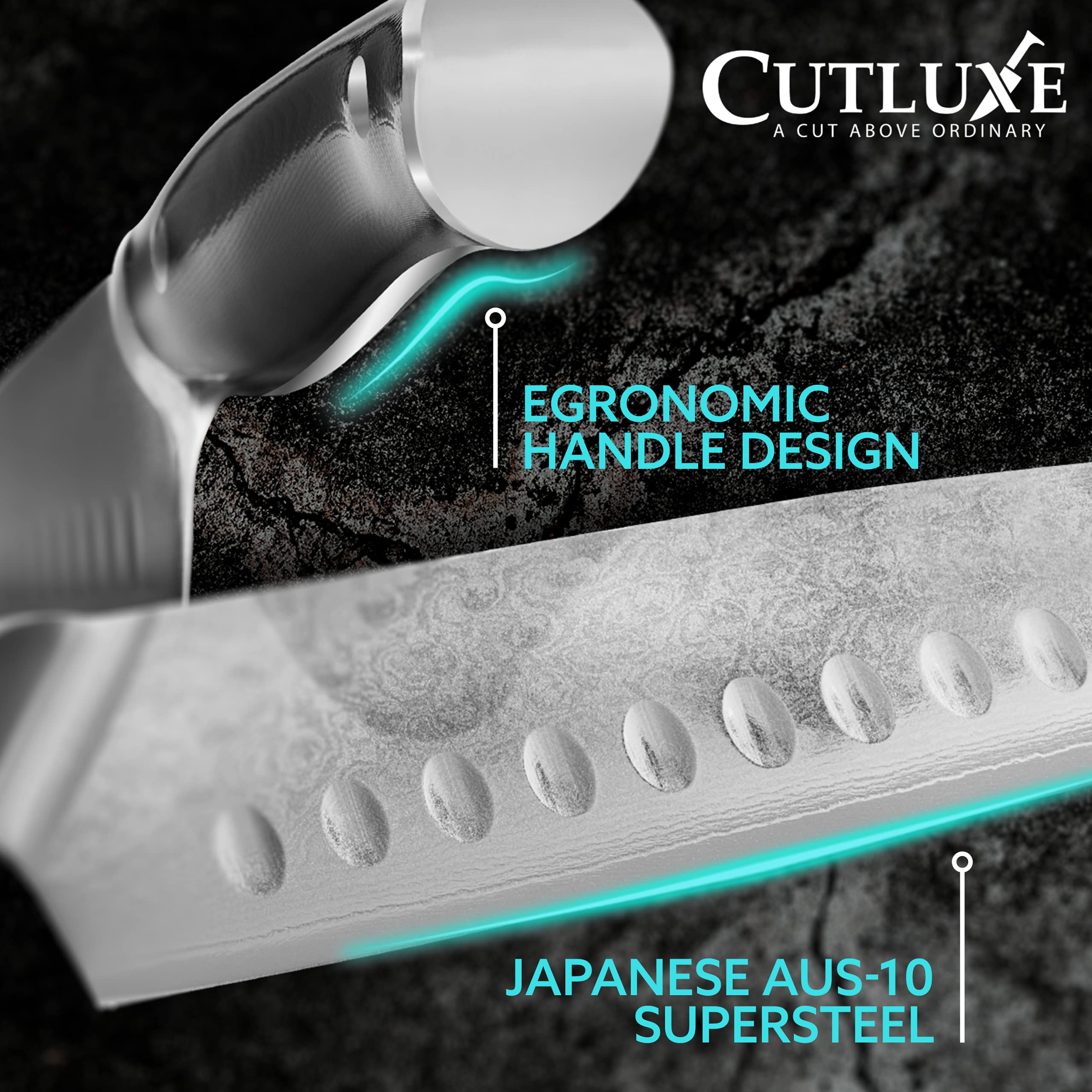 Cutluxe Shinobi Santoku Knife, Damascus Chopping Knife – 7" Japanese Blade, AUS-10 Steel – Razor Sharp Blade, Full Tang, Ergonomic G10 Handle Design