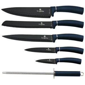 Berlinger Haus Kitchen Knife Set with Block, 7 Piece Knives Set for Kitchen, Elegant Design Cooking Knives with Kitchen Shears, Sharp Cutting Stainless Steel Chef Knife Set with Stand, Blue