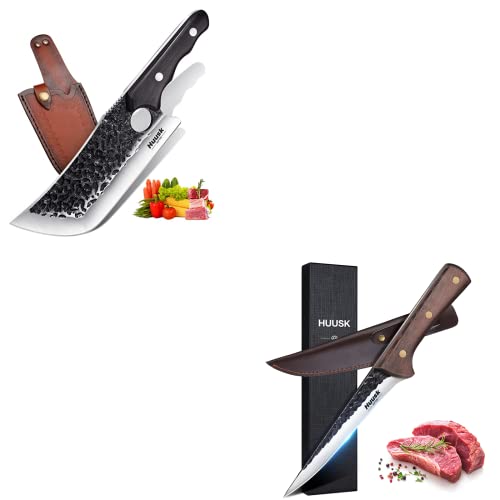 Huusk Upgraded Viking Knives Hand Forged Boning Knife Bundle with Hand Forged Deboning Knife with Sheath