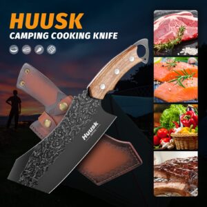 Huusk Japan Knife for Meat Cutting Forged Meat Cleaver Knife with Sheath Bundle with Hand Forged Deboning Knife with Sheath