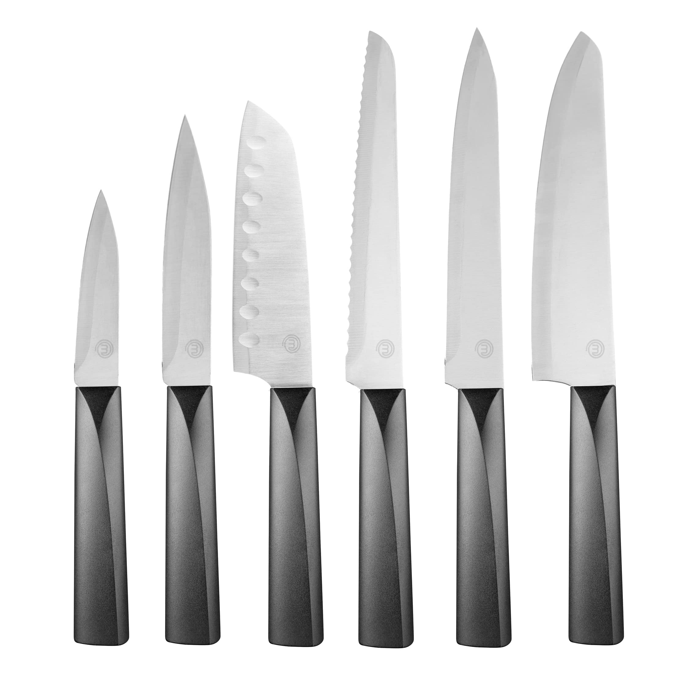 MasterChef Japanese Knife Set of 6 Kitchen Knives (Chef, Utility, Paring, Boning, Bread & Santoku) with Extra Sharp Stainless Steel Blades for Professional Cutting & Chopping, Stylish Black Handles