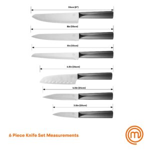 MasterChef Japanese Knife Set of 6 Kitchen Knives (Chef, Utility, Paring, Boning, Bread & Santoku) with Extra Sharp Stainless Steel Blades for Professional Cutting & Chopping, Stylish Black Handles