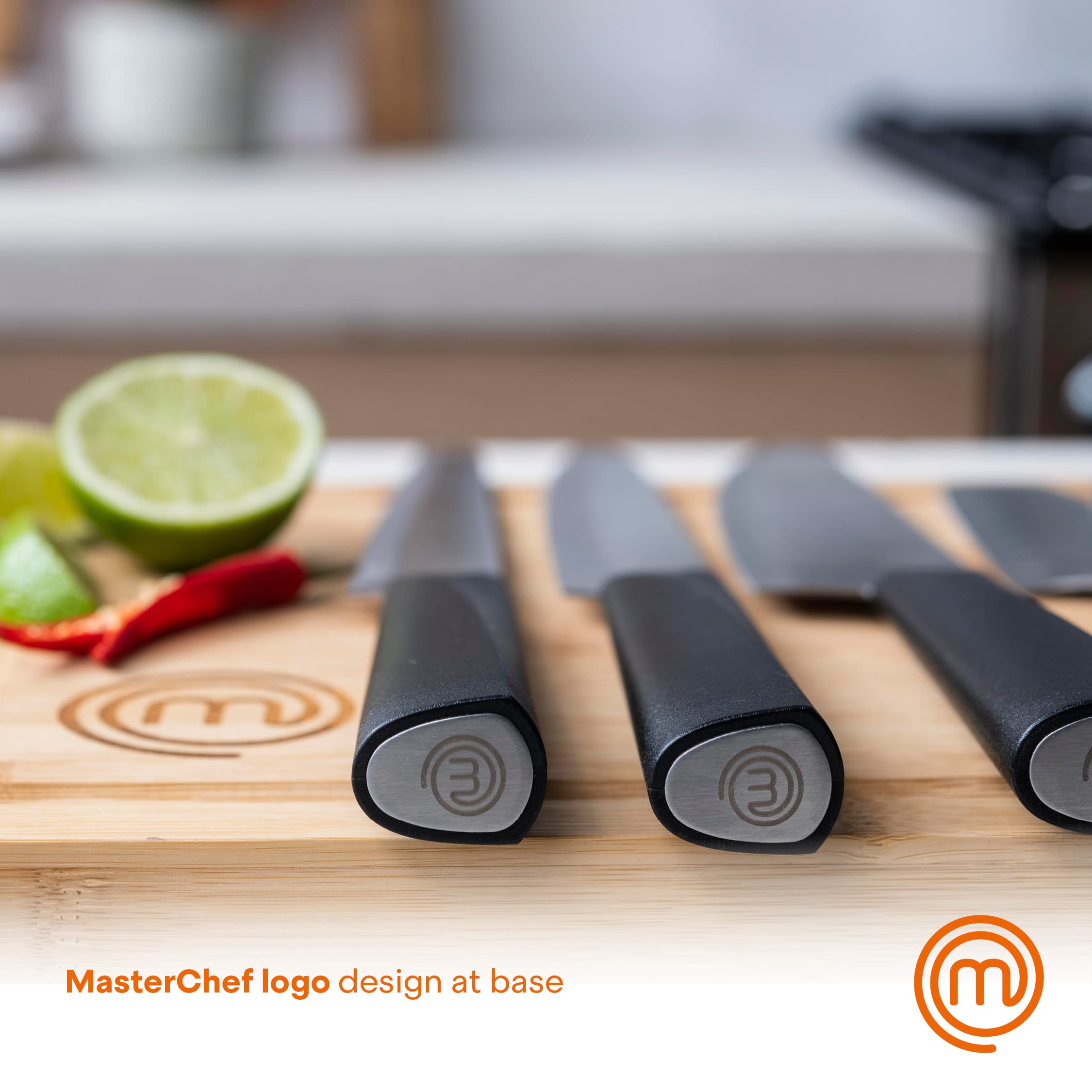 MasterChef Japanese Knife Set of 6 Kitchen Knives (Chef, Utility, Paring, Boning, Bread & Santoku) with Extra Sharp Stainless Steel Blades for Professional Cutting & Chopping, Stylish Black Handles