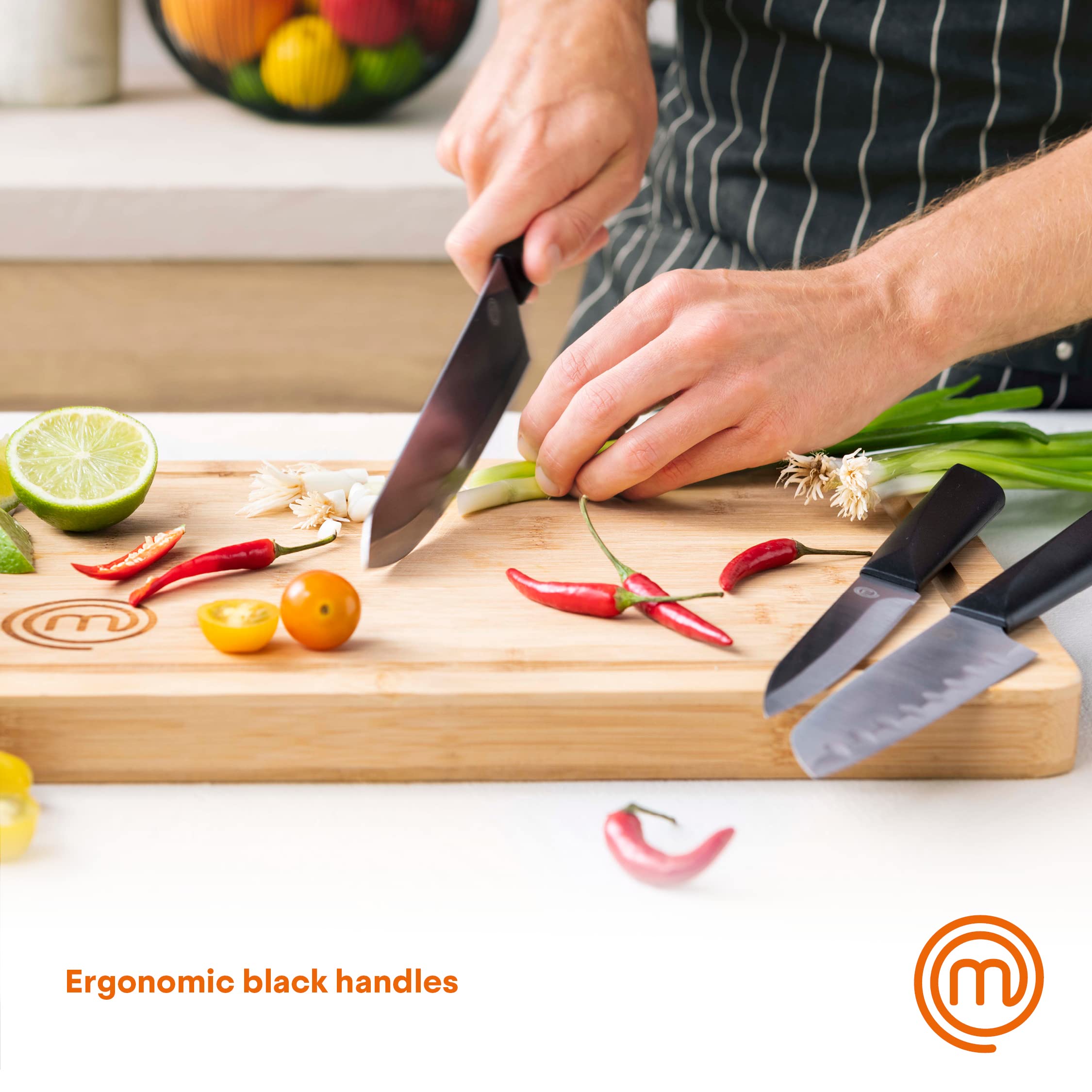 MasterChef Japanese Knife Set of 6 Kitchen Knives (Chef, Utility, Paring, Boning, Bread & Santoku) with Extra Sharp Stainless Steel Blades for Professional Cutting & Chopping, Stylish Black Handles