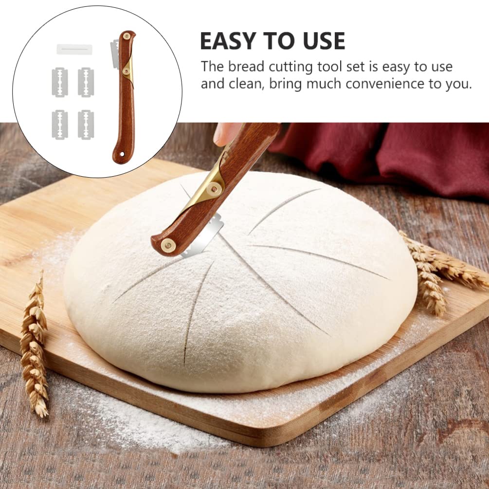 Angoily Bread Lame Tool Bread Knife with Blade: 1 Set Dough Baking Cutter with Blades- Baker Tools Set for Kitchen- Wooden Slicer for Bakers- Making French Sourdough Knives (Coffee)