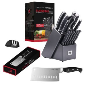 master maison gray kitchen knife set with knife block & bonus cleaver | german stainless steel knives with knife sharpener & 6 steak knives | professional butcher block knife sets for kitchen