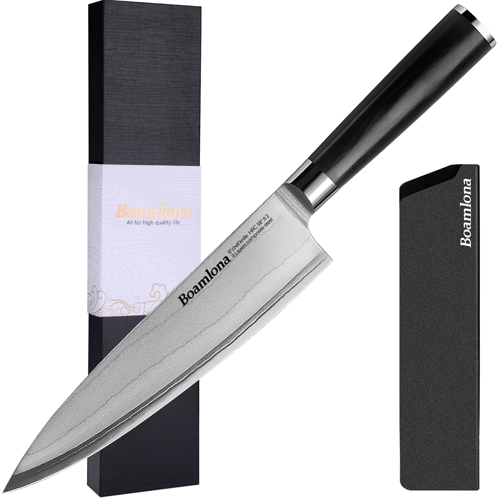 BOAMLONA Japanese Chef Knife - 8 Inch - 9 Layers 9CR18MoV High Carbon Steel - Razor Sharp - with Gift Box&Sheath