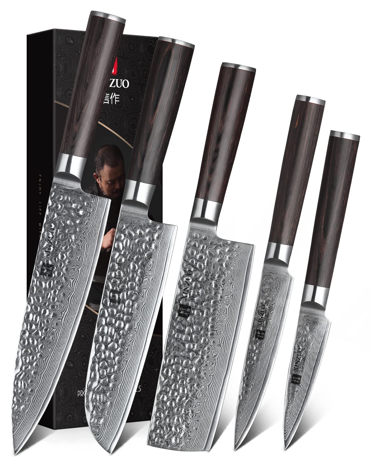 XINZUO 5-Piece Damascus Steel Kitchen Knife Set, Chef Santoku Nakiri Slicing Utility Knife Hammered Forging Damascus Kitchen Knife Professional Chef's Knife with Pakkawood Handle - He Series