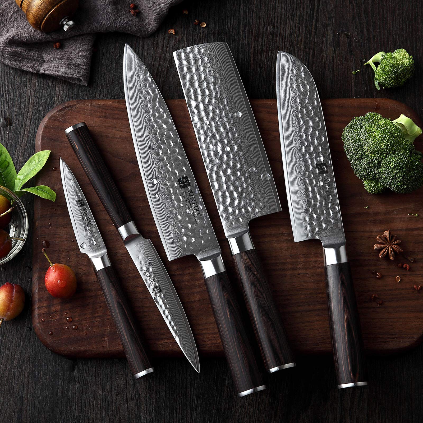 XINZUO 5-Piece Damascus Steel Kitchen Knife Set, Chef Santoku Nakiri Slicing Utility Knife Hammered Forging Damascus Kitchen Knife Professional Chef's Knife with Pakkawood Handle - He Series