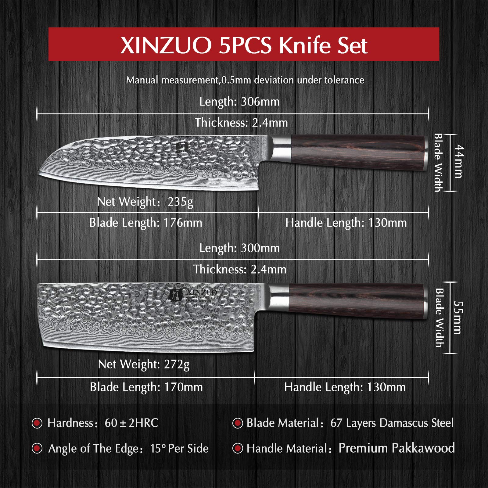 XINZUO 5-Piece Damascus Steel Kitchen Knife Set, Chef Santoku Nakiri Slicing Utility Knife Hammered Forging Damascus Kitchen Knife Professional Chef's Knife with Pakkawood Handle - He Series