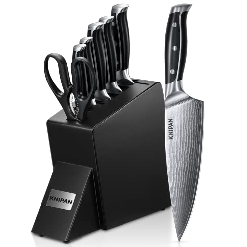 Knipan Knife Set with Block, Damascus Steel Kitchen Knives 7 Piece, Ultra Sharp AUS-10 Japanese Steel Knife Block Sets with Full Tang Handle, Black