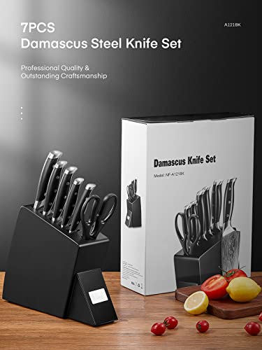 Knipan Knife Set with Block, Damascus Steel Kitchen Knives 7 Piece, Ultra Sharp AUS-10 Japanese Steel Knife Block Sets with Full Tang Handle, Black