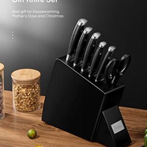 Knipan Knife Set with Block, Damascus Steel Kitchen Knives 7 Piece, Ultra Sharp AUS-10 Japanese Steel Knife Block Sets with Full Tang Handle, Black