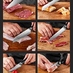 Knipan Knife Set with Block, Damascus Steel Kitchen Knives 7 Piece, Ultra Sharp AUS-10 Japanese Steel Knife Block Sets with Full Tang Handle, Black