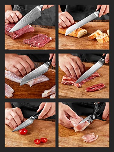 Knipan Knife Set with Block, Damascus Steel Kitchen Knives 7 Piece, Ultra Sharp AUS-10 Japanese Steel Knife Block Sets with Full Tang Handle, Black