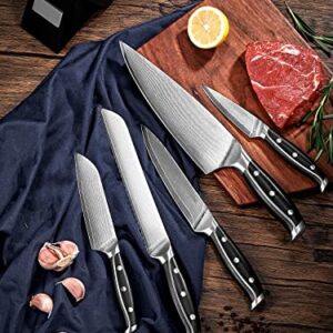 Knipan Knife Set with Block, Damascus Steel Kitchen Knives 7 Piece, Ultra Sharp AUS-10 Japanese Steel Knife Block Sets with Full Tang Handle, Black