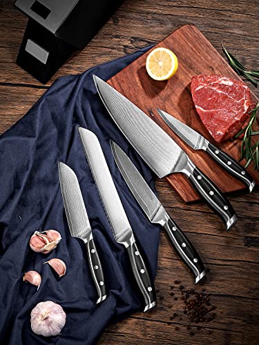 Knipan Knife Set with Block, Damascus Steel Kitchen Knives 7 Piece, Ultra Sharp AUS-10 Japanese Steel Knife Block Sets with Full Tang Handle, Black