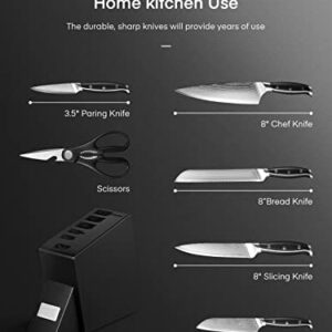 Knipan Knife Set with Block, Damascus Steel Kitchen Knives 7 Piece, Ultra Sharp AUS-10 Japanese Steel Knife Block Sets with Full Tang Handle, Black