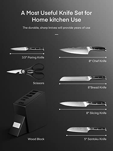 Knipan Knife Set with Block, Damascus Steel Kitchen Knives 7 Piece, Ultra Sharp AUS-10 Japanese Steel Knife Block Sets with Full Tang Handle, Black