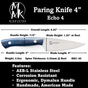 Middleton Made Knives Echo 4 Paring Knife - Paring Knife 4 Inch - Handmade Professional Pairing Knives - Chefs Knife Made with AEB-L Stainless Steel - USA Made Paring Knives- Great Chef Gifts - Blue