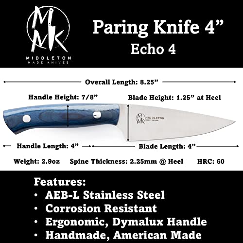 Middleton Made Knives Echo 4 Paring Knife - Paring Knife 4 Inch - Handmade Professional Pairing Knives - Chefs Knife Made with AEB-L Stainless Steel - USA Made Paring Knives- Great Chef Gifts - Blue