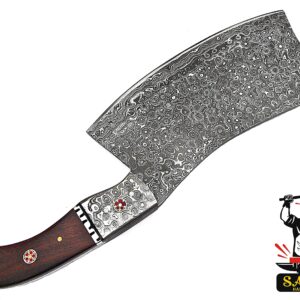 Sapra Damascus steel 10.75” Inches Meat Cleaver Chef Butcher Vegetable frozen Boning Cleaver Knife Heavy Duty Sharp Edge Full Tang Meat Cleaver Bone Copper with Genuine Leather Sheath