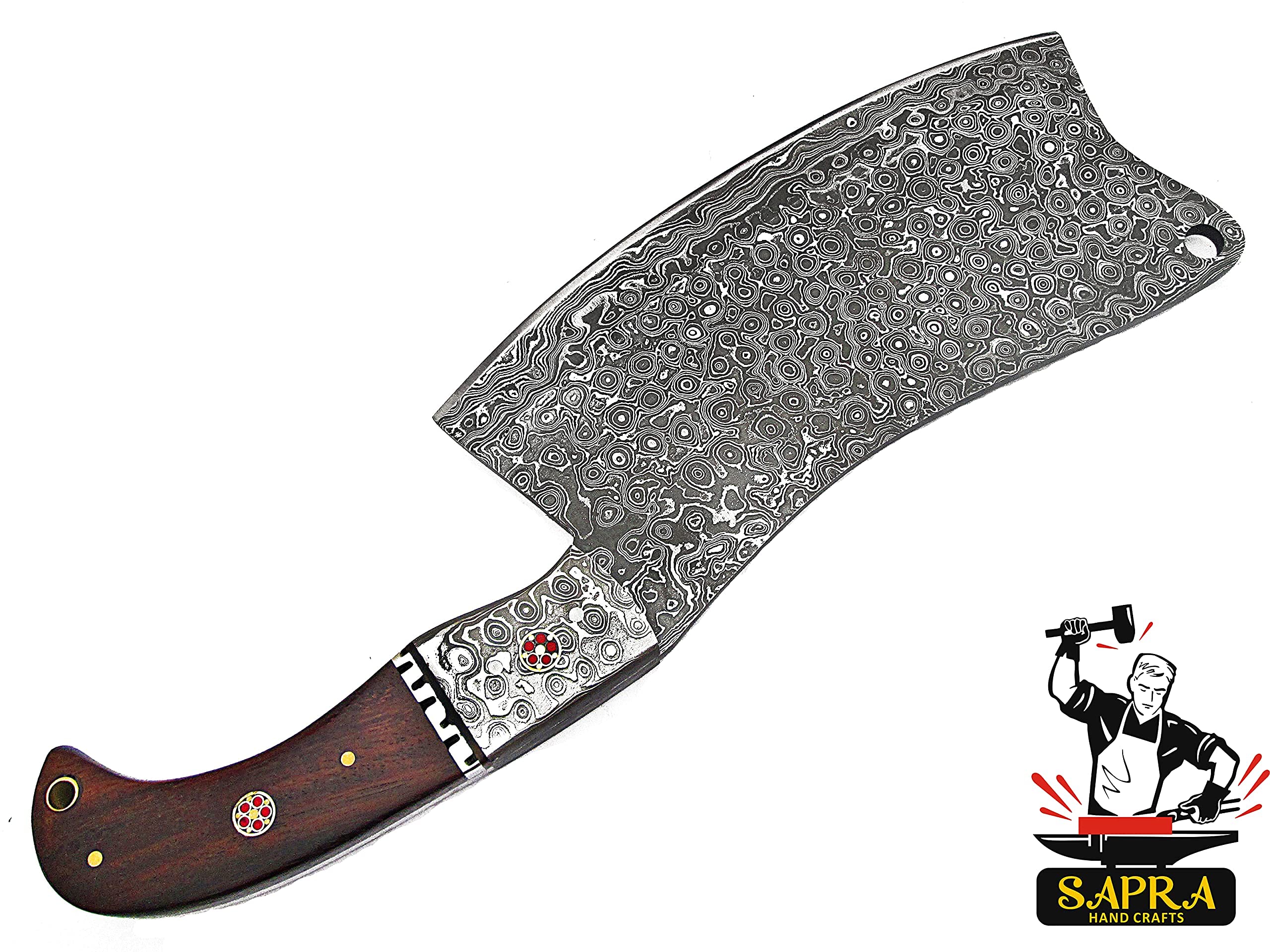 Sapra Damascus steel 10.75” Inches Meat Cleaver Chef Butcher Vegetable frozen Boning Cleaver Knife Heavy Duty Sharp Edge Full Tang Meat Cleaver Bone Copper with Genuine Leather Sheath