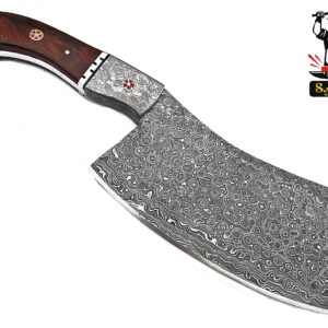 Sapra Damascus steel 10.75” Inches Meat Cleaver Chef Butcher Vegetable frozen Boning Cleaver Knife Heavy Duty Sharp Edge Full Tang Meat Cleaver Bone Copper with Genuine Leather Sheath