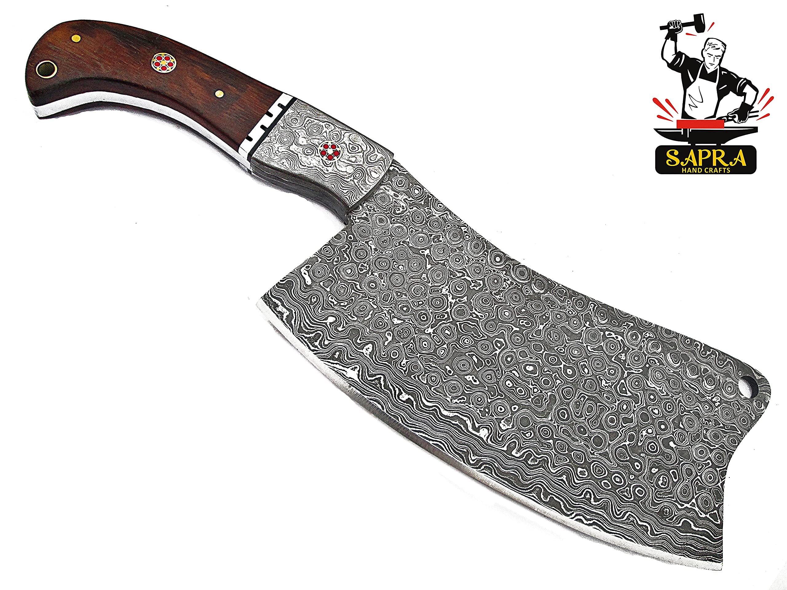 Sapra Damascus steel 10.75” Inches Meat Cleaver Chef Butcher Vegetable frozen Boning Cleaver Knife Heavy Duty Sharp Edge Full Tang Meat Cleaver Bone Copper with Genuine Leather Sheath