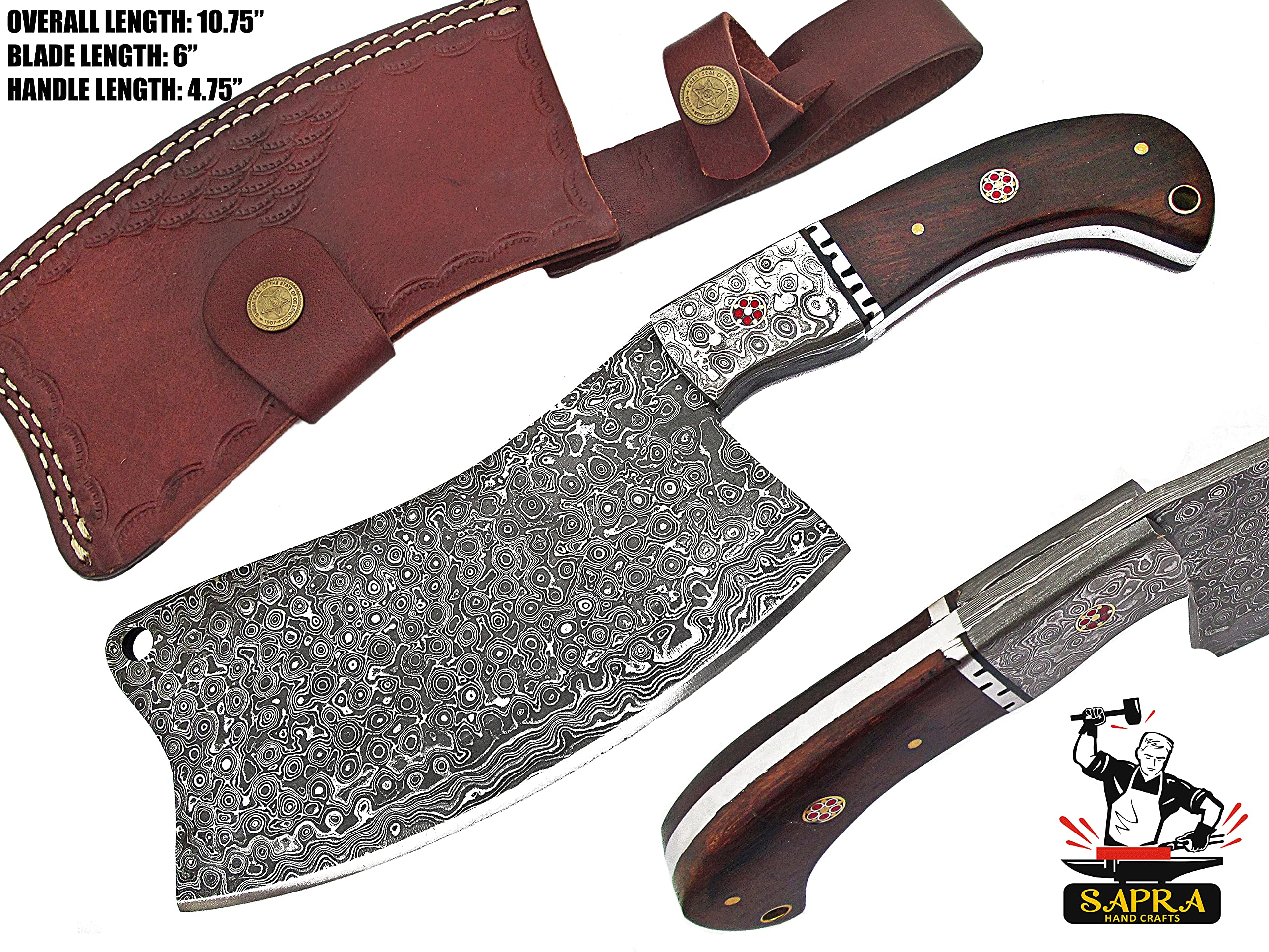 Sapra Damascus steel 10.75” Inches Meat Cleaver Chef Butcher Vegetable frozen Boning Cleaver Knife Heavy Duty Sharp Edge Full Tang Meat Cleaver Bone Copper with Genuine Leather Sheath