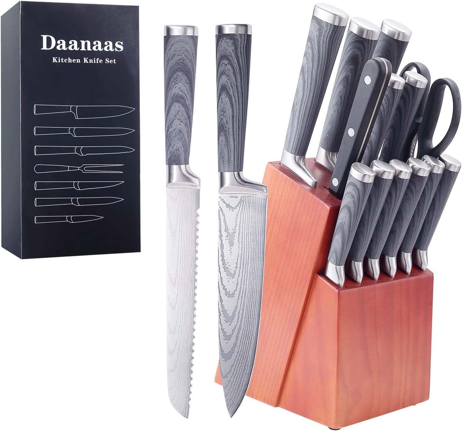 Daanaas Knife Set with Wooden Block and Sharpener 16 Pieces,Kitchen Knives Sets Full Stainless Steel,Professional Chef Knife Sets with Steak Knives Knofe Set (grey)