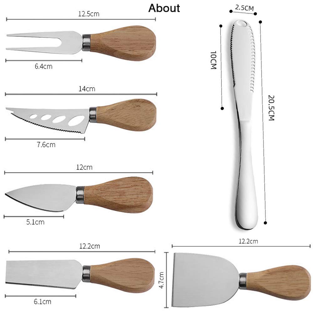 Balaweis 6 Pcs Set Travel Cheese Knives Sharp Stainless Steel with Bamboo Wood Handle Cheese Knife, Shaver, Fork and Spreader