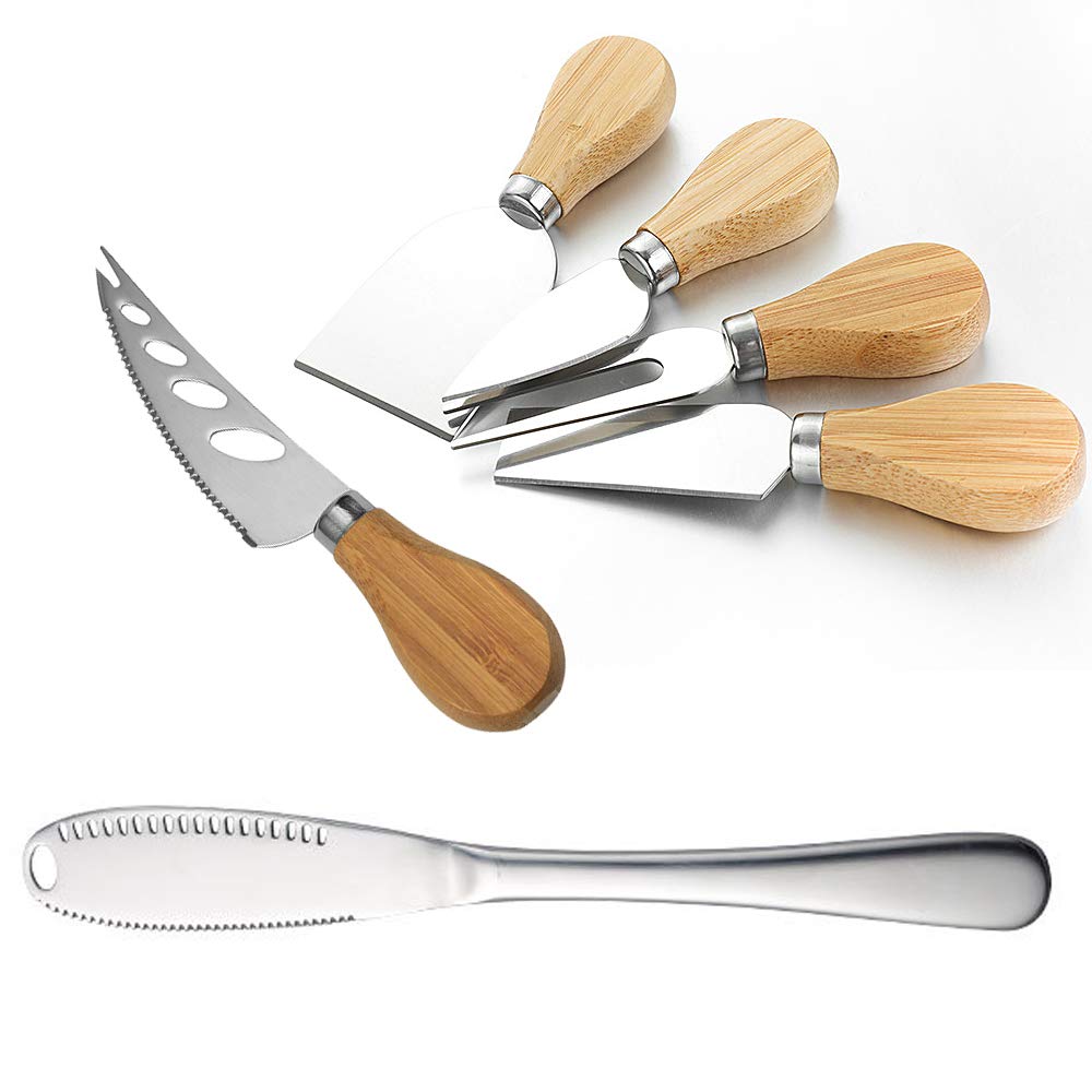 Balaweis 6 Pcs Set Travel Cheese Knives Sharp Stainless Steel with Bamboo Wood Handle Cheese Knife, Shaver, Fork and Spreader