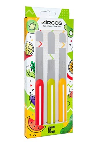 ARCOS Paring Knife Set of 3 Pieces 4 Inch Stainless Steel. Colorful Kitchen Knives for Peeling Fruits and Vegetables. Ergonomic Polypropylene Handle. Serie B-Line. Color Orange, Red and Green.