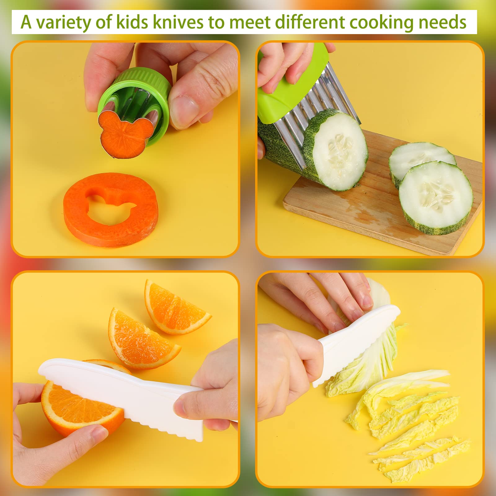 MIKIMIQI 11 PCS Kids Kitchen Knife Set, Wooden Kids Knife Safe Knives for Real Cooking Serrated Edges Children Cooking Utensils Tools Plastic Knife for Toddlers with Potato Slicers Cutting Board