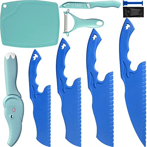 XYJ Authentic Since 1986,Chef Cake Knives Set With Paring Knife,Ceramic Utility Knives,Chopping Board,Fruit Fork,Serrated Pizza Bread Baking Knife,Kitchen Slicing Fruit Vegetable Cutter Blue