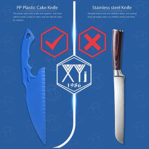 XYJ Authentic Since 1986,Chef Cake Knives Set With Paring Knife,Ceramic Utility Knives,Chopping Board,Fruit Fork,Serrated Pizza Bread Baking Knife,Kitchen Slicing Fruit Vegetable Cutter Blue