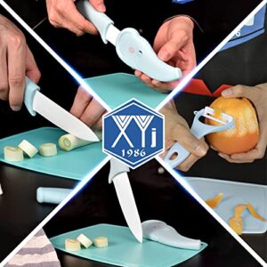 XYJ Authentic Since 1986,Chef Cake Knives Set With Paring Knife,Ceramic Utility Knives,Chopping Board,Fruit Fork,Serrated Pizza Bread Baking Knife,Kitchen Slicing Fruit Vegetable Cutter Blue