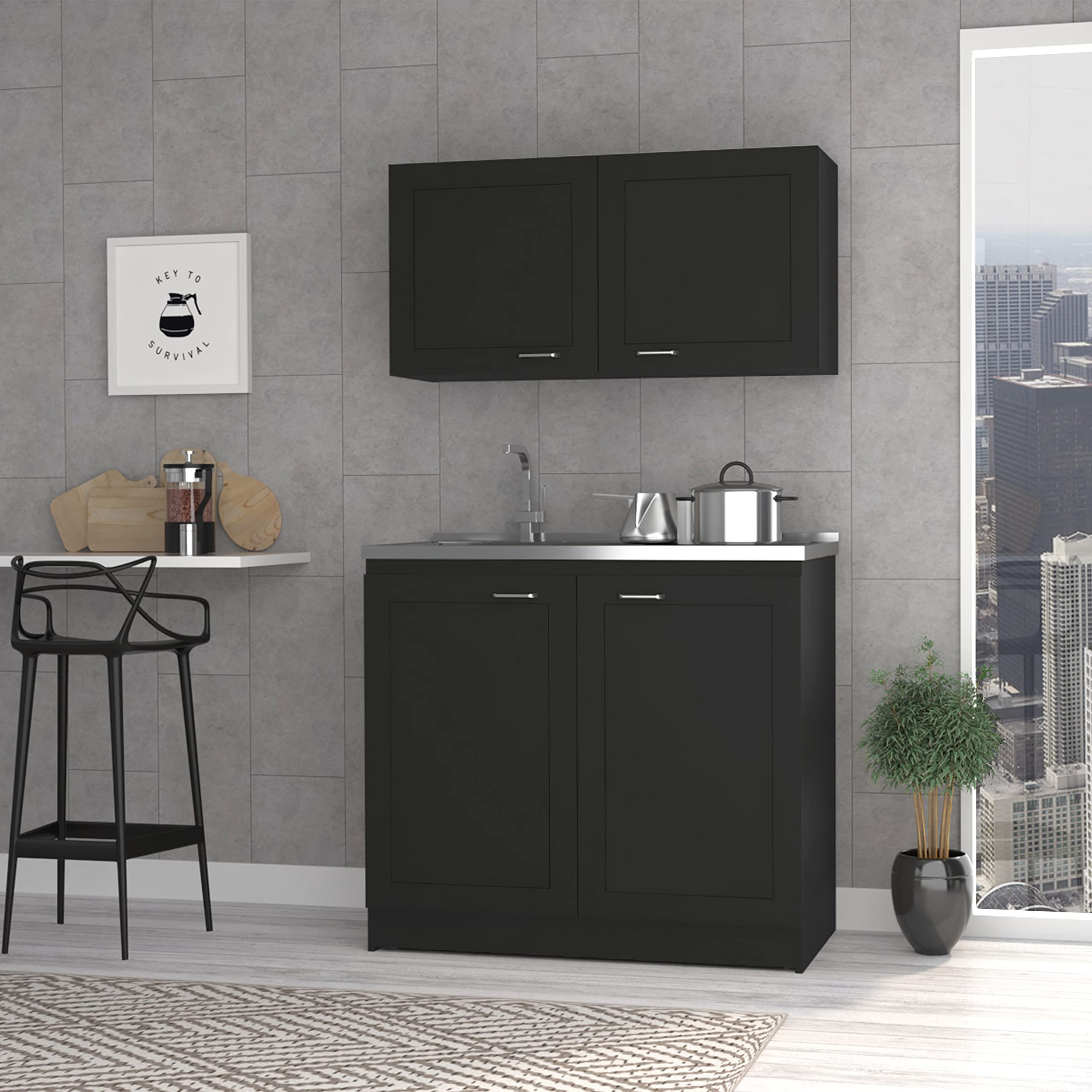 FM FURNITURE Perseus 2-pc Kitchen Cabinet Set Includes Countertop Base Unit and Wall Mounted Cupboard