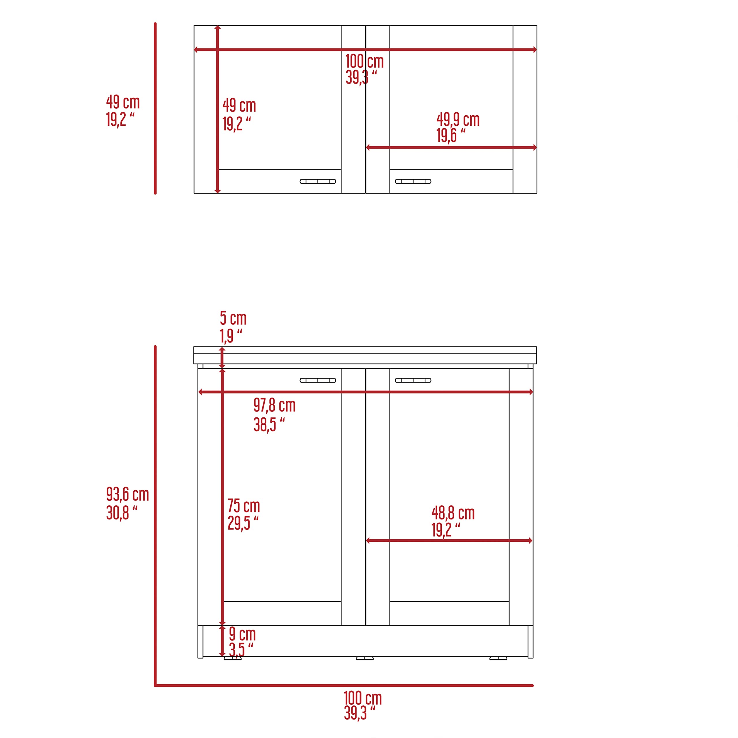 FM FURNITURE Perseus 2-pc Kitchen Cabinet Set Includes Countertop Base Unit and Wall Mounted Cupboard