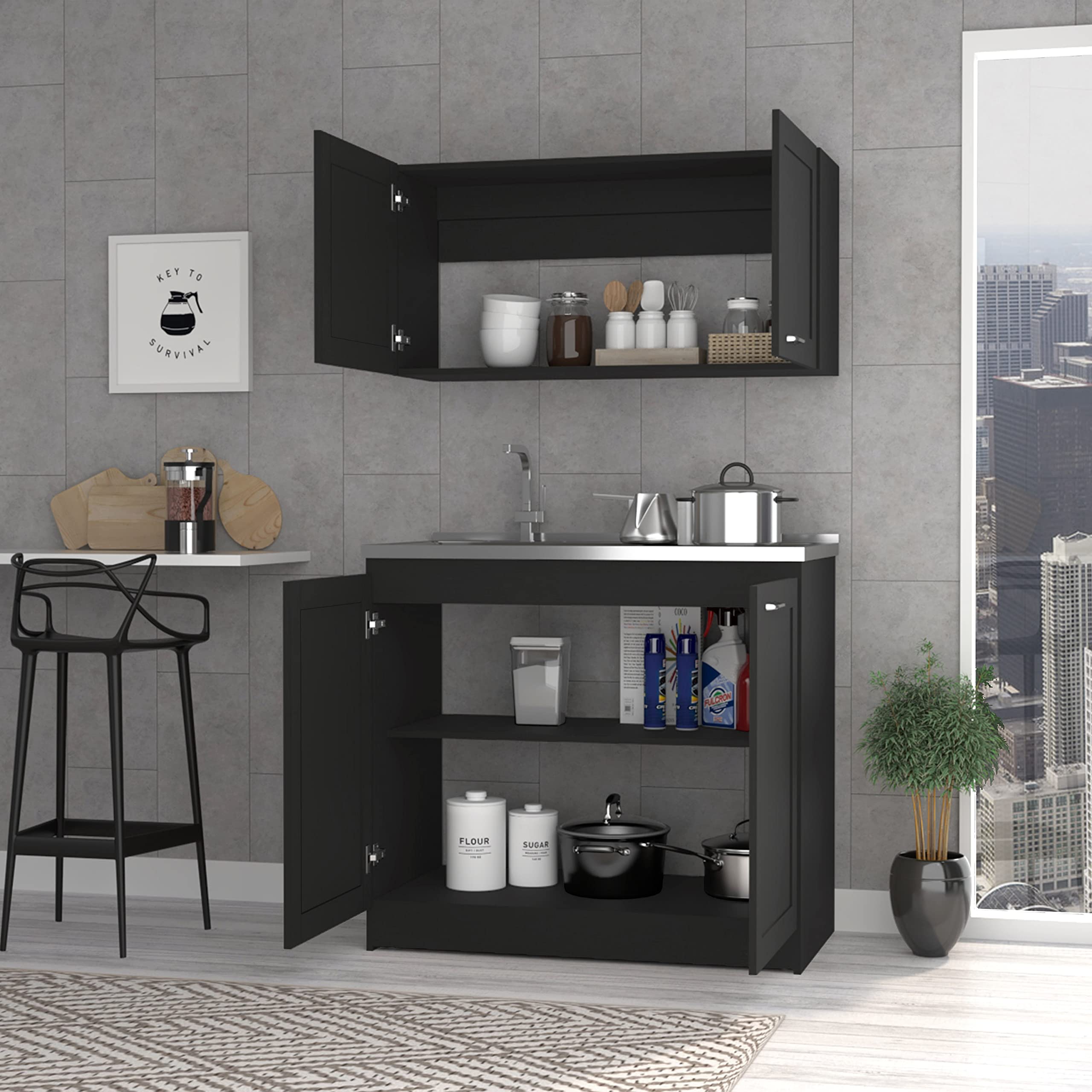 FM FURNITURE Perseus 2-pc Kitchen Cabinet Set Includes Countertop Base Unit and Wall Mounted Cupboard