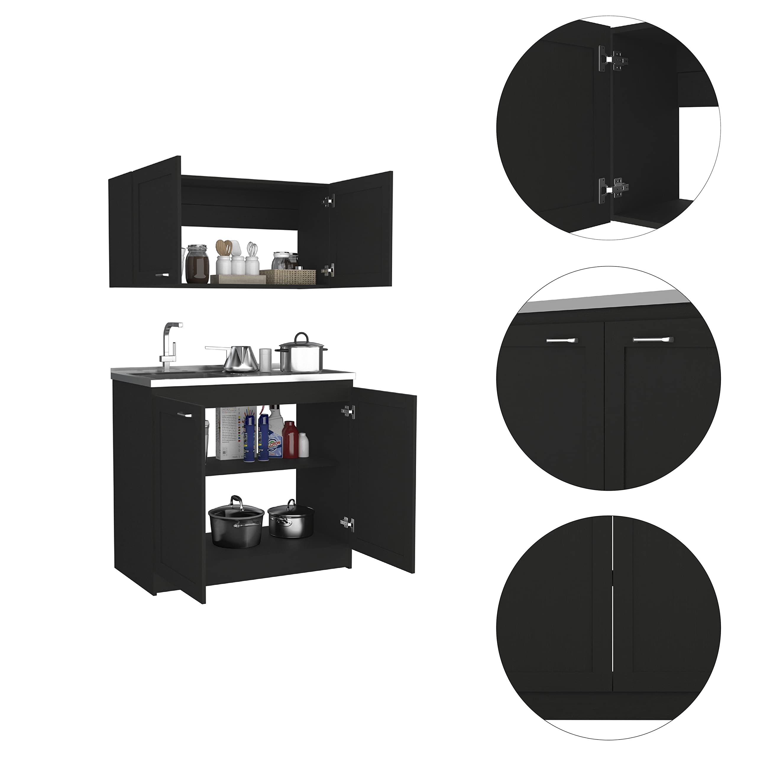 FM FURNITURE Perseus 2-pc Kitchen Cabinet Set Includes Countertop Base Unit and Wall Mounted Cupboard