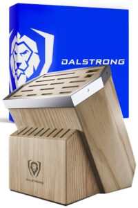 dalstrong universal knife block - 23 slots - premium american ash wood - aluminum alloy rim kitchen set - lion head logo badge - premium craftsmanship knife set - angled for ergonomics - cleans easily