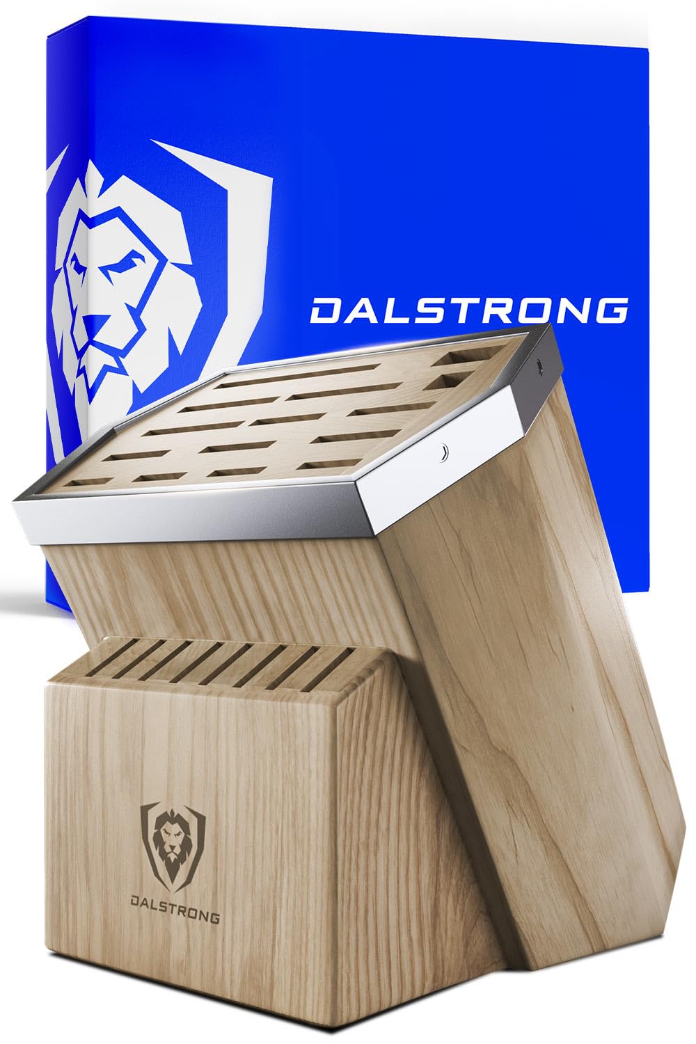 DALSTRONG Universal Knife Block - 23 Slots - Premium American Ash Wood - Aluminum Alloy Rim Kitchen Set - Lion Head Logo Badge - Premium Craftsmanship Knife Set - Angled For Ergonomics - Cleans Easily